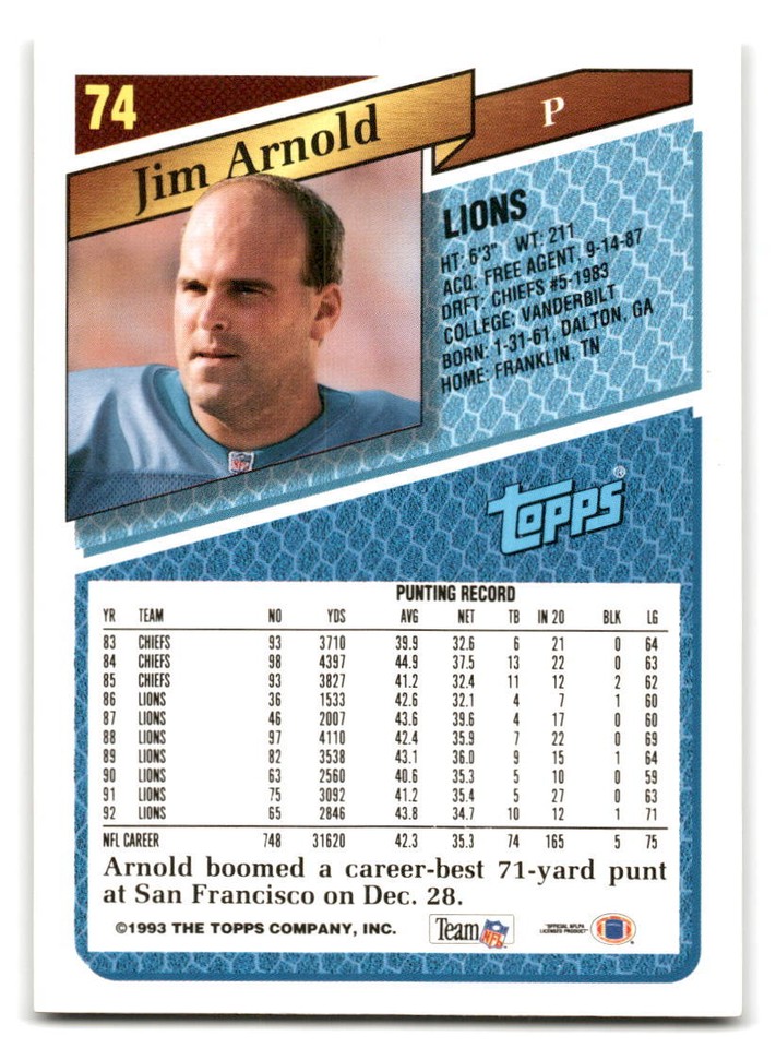 Jim Arnold 1993 Topps FOOTBALL #74 Detroit Lions | eBay