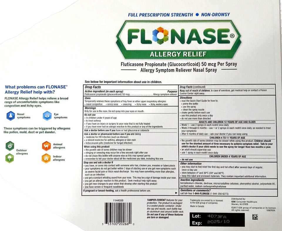 Flonase Fluticasone 50 mcg 24Hr Allergy Relief 3x144 Metered Sprays EXP ...