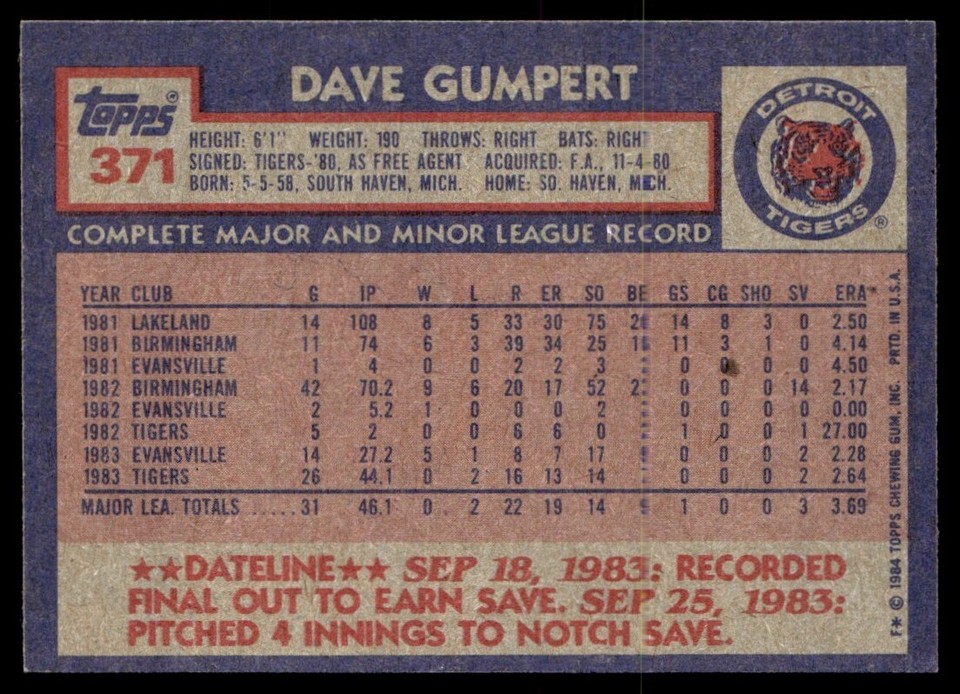 1984 Topps Dave Gumpert RC #371 TS1 | eBay