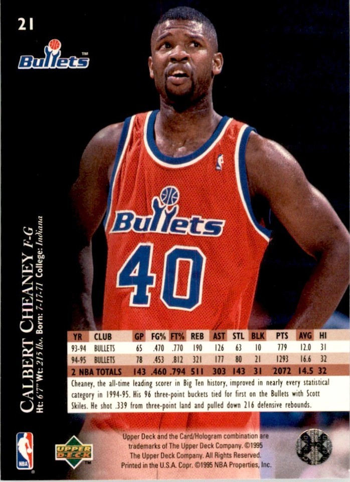 1995-96 Upper Deck Calbert Cheaney . Washington Bullets #21 | eBay