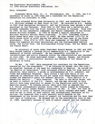 Secretary Of State ALEXANDER HAIG Signed Typed Biography Entry ...