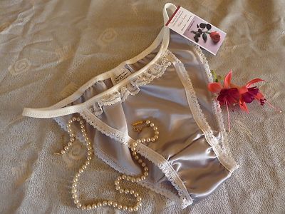SILVER shiny SATIN panties MINI TANGA string bikini ivory lace Made in ...