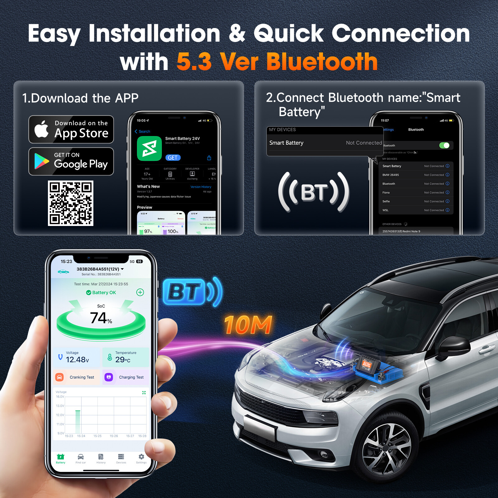 ANCEL BM300 Pro Bluetooth Car Battery Monitor Charging Cranking Test ...