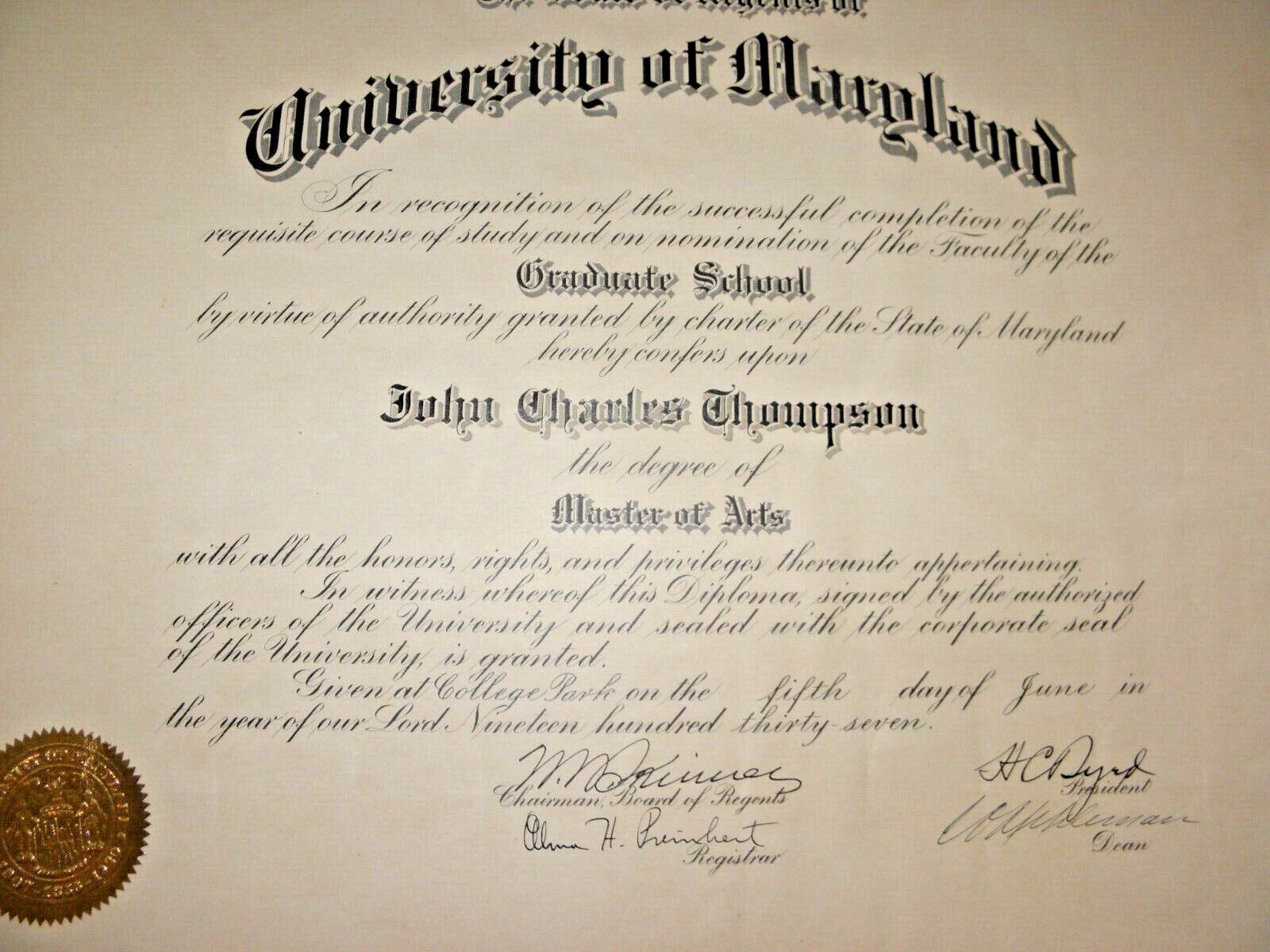 VINTAGE ORIGINAL DIPLOMA UNIVERSITY OF MARYLAND MASTER OF ARTS THOMPSON ...