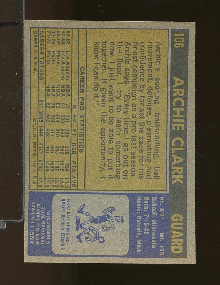 1971-72 Topps Basketball #106 ARCHIE CLARK Philadelphia 76ers EXMT ...
