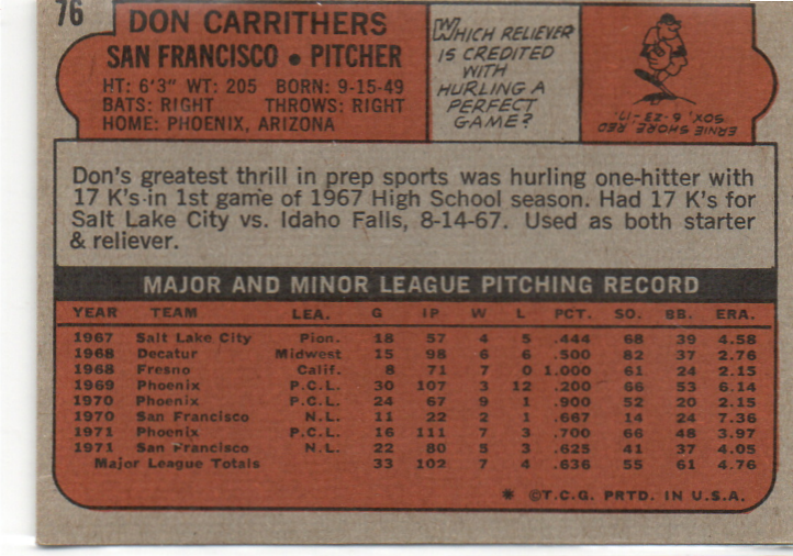 DON CARRITHERS 1972 TOPPS CARD #76 GIANTS VERY-GOOD A78 | eBay