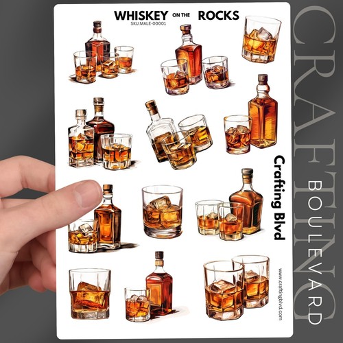 WHISKEY ROCKS DRINK GLASS MENS MALE SCRAPBOOK Stickers A5 sheet Vinyl ...