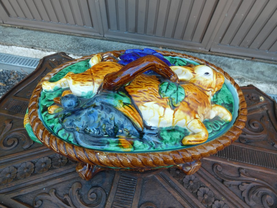 Antique LArge Majolica barbotine PAte Tureen hare duck relief rare | eBay