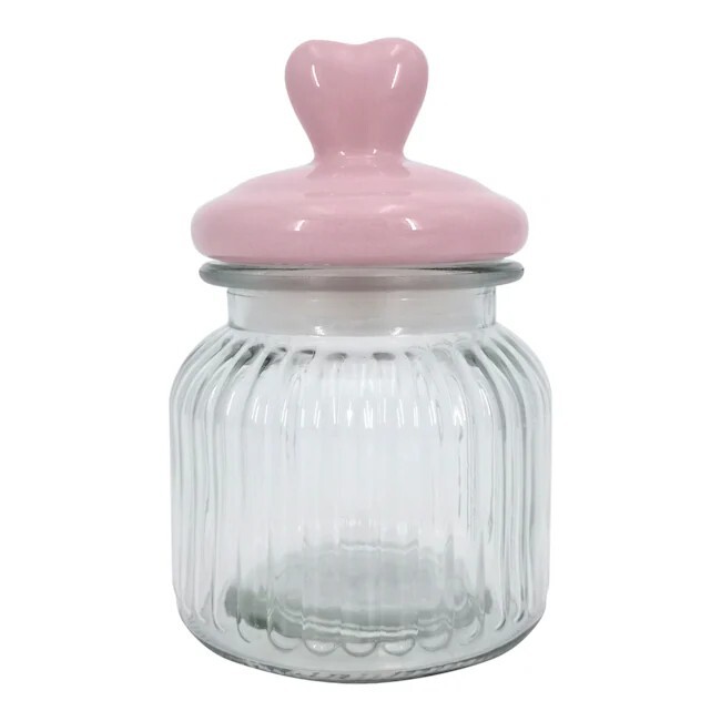 VALENTINE'S Pink Heart GLASS CONTAINER JAR CANISTER STORAGE w Lid clear ...