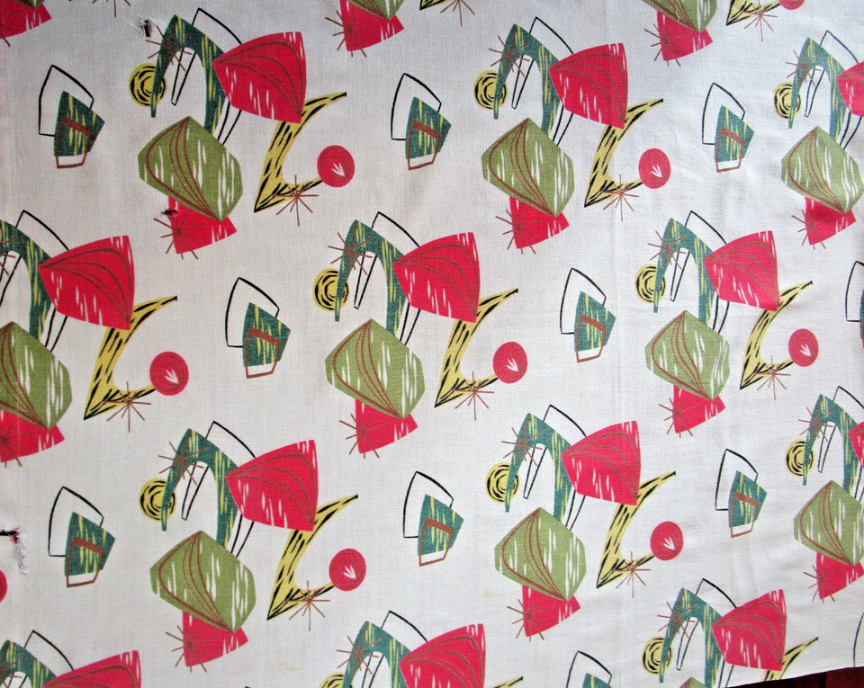 Vintage 1950's ATOMIC AGE BARKCLOTH CURTAIN PANEL 56x36 choc/red/yello ...