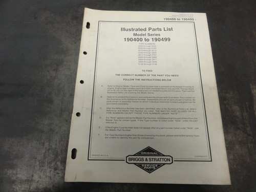 Briggs & Stratton 190400 to 190499 Engine Illustrated Parts List Manual ...