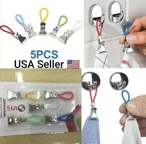 5 Pcs Tea Towel Hanging Clips on Hooks Loops Kitchen Bathroom Beach ...