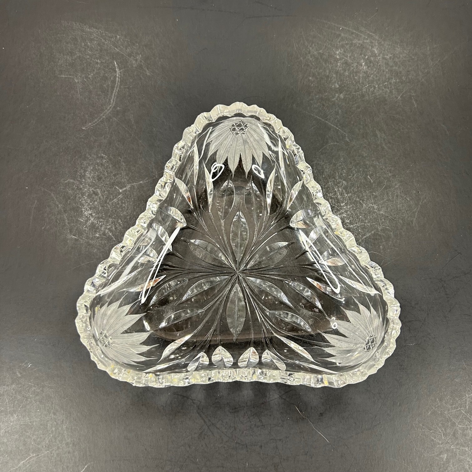 American Brilliant Cut Glass Triangle Bowl with Wheel Cut Flowers ...