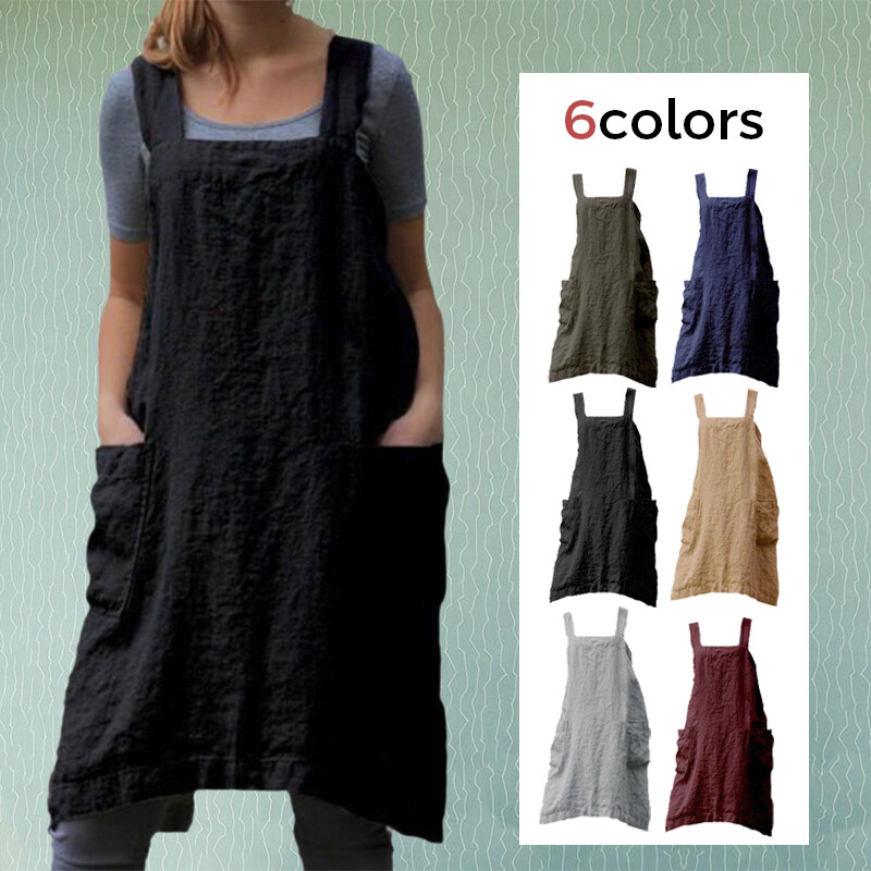 Women Cotton Linen Cross Back Apron Dress Ladies Loose Home Cooking ...