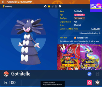 Pokemon Scarlet/Violet SHINY Gothitelle Lv.100 Calm 6IV Shadow Tag ...