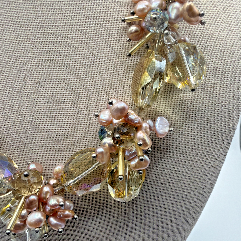Faceted Crystal Cluster Pink Pearl Statement Necklace | eBay