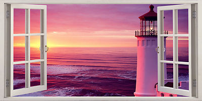 Lighthouse Pink Sunset Seascape 3D Effect Window Canvas Picture Wall ...