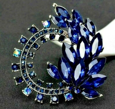 Glamorous Deep BLUE Silver SWIRL Rhinestone Leaf Flower Vintage ...