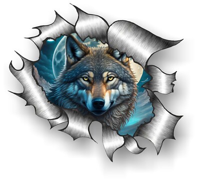 LARGE Ripped Open Torn Metal Rip & Beautiful Moonlight Wolf Face car ...