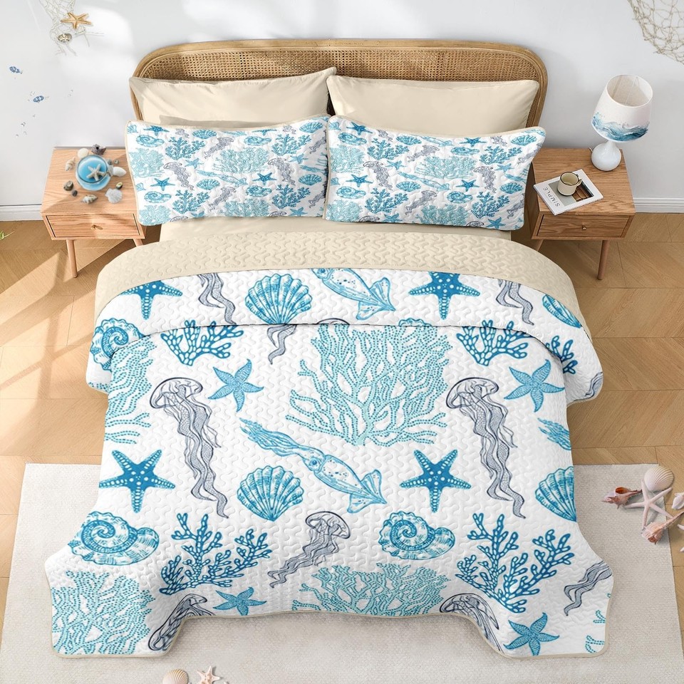 Quilt Set Full/Queen Size, Ocean Beach Nature 3 Pcs Soft Bed Cover ...