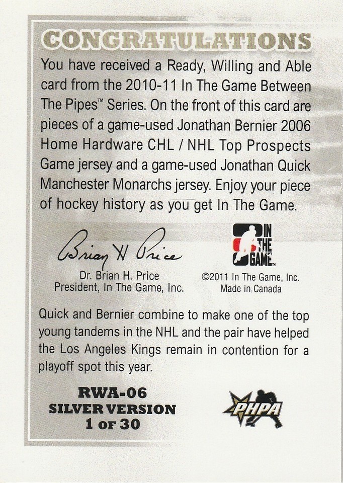 2010-11 Between The Pipes Willing and Able Jerseys Silver #6 Quick ...