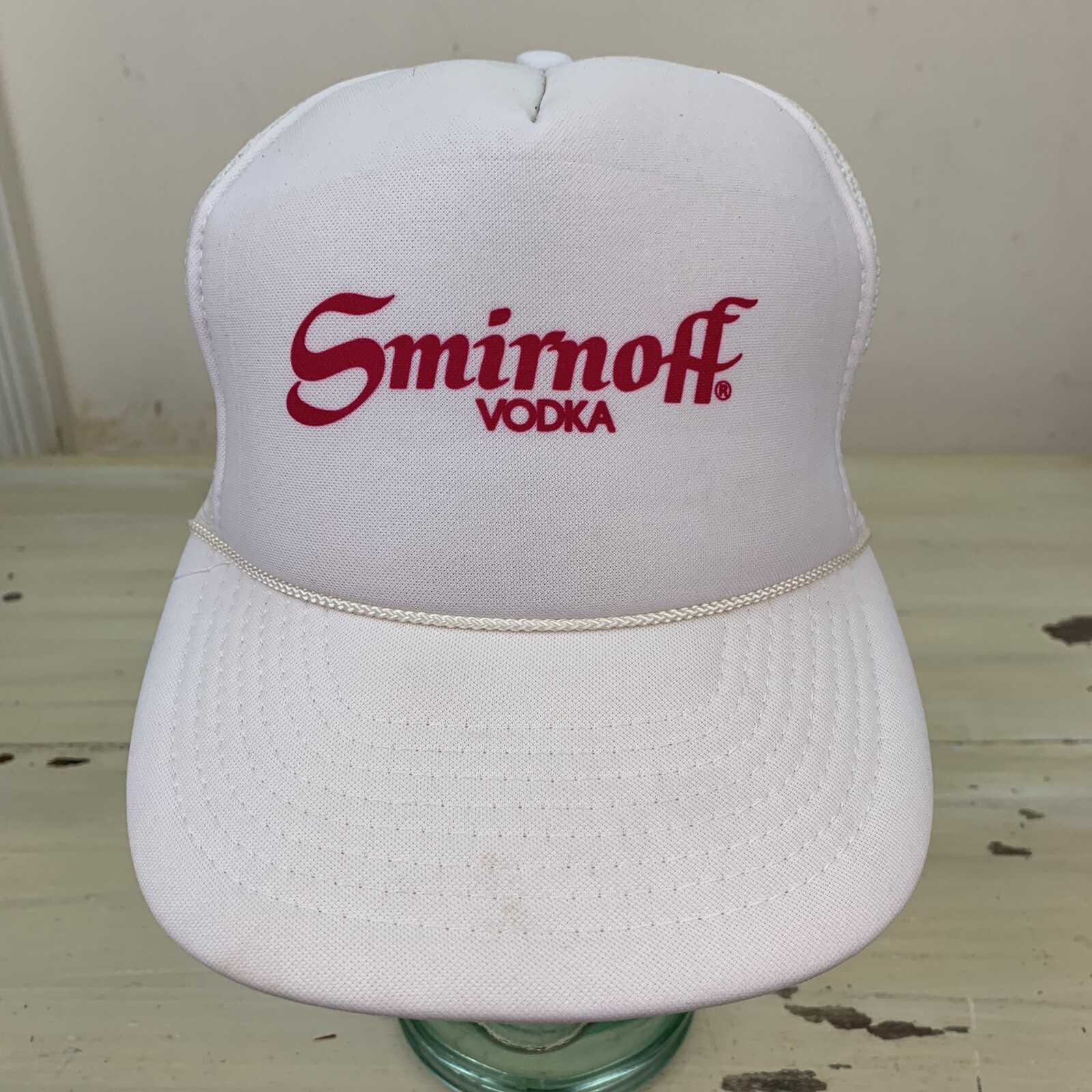 SMIRNOFF VODKA - Vtg 80s White Tall Crown Mesh Snapback Trucker Hat ...