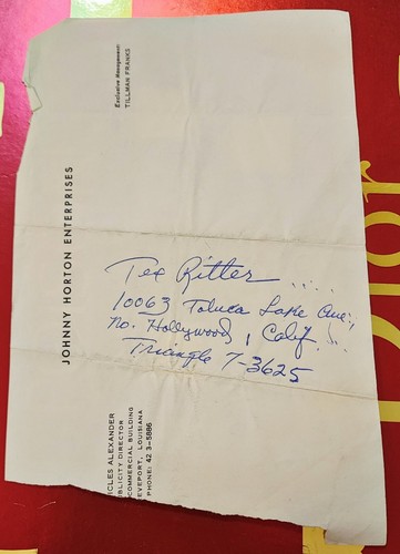 Tex Ritter Autograph Signed w/ address 1950s? On Johnny Horton ...