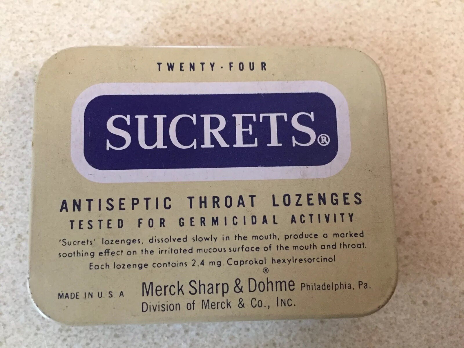 Vintage Sucrets Tin 24 Throat Lozenges Box Merck Sharp & Dohme Tan and ...