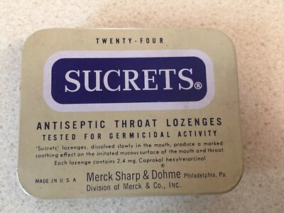 Vintage Sucrets Tin 24 Throat Lozenges Box Merck Sharp & Dohme Tan and ...