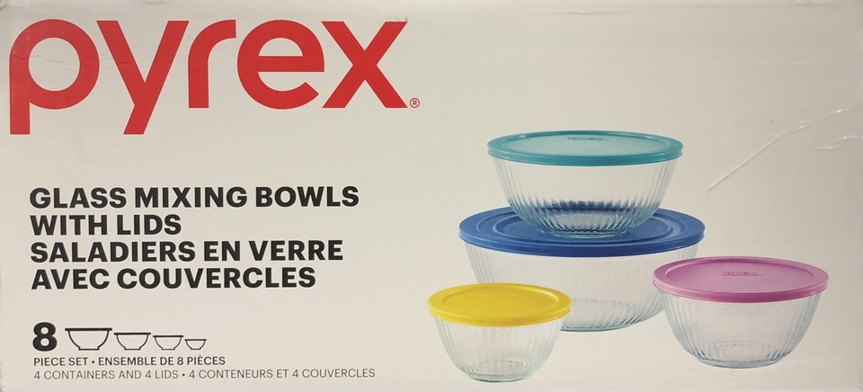 Pyrex 8 Piece Glass Mixing Bowl Set w/ Colored Lids 3, 5.5, 9.5 Cup, 4. ...