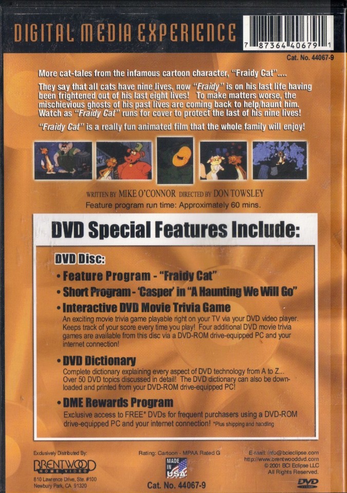 FRAIDY CAT~1975 VG/C DVD~ANIMATED CARTOON FOR WHOLE FAMILY~W/ CASPER ...