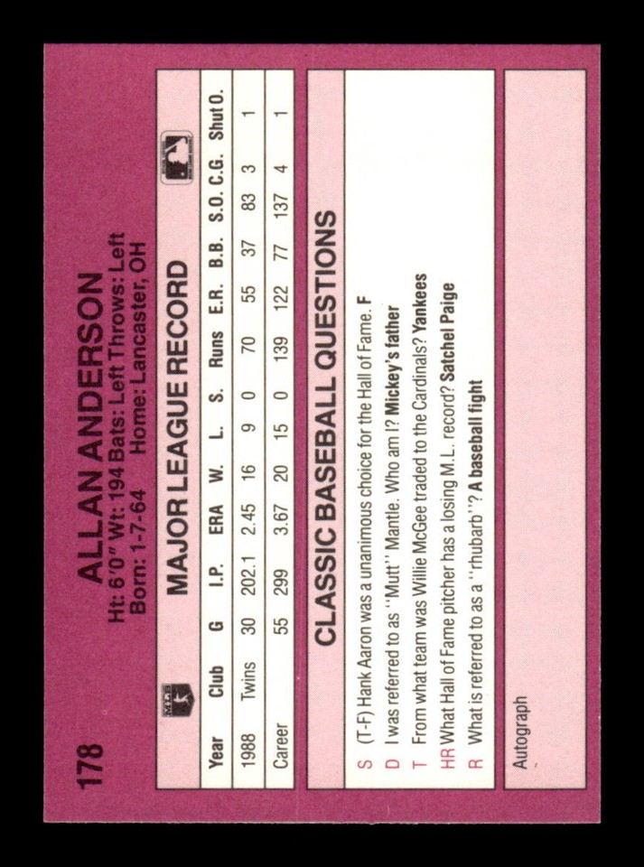 1989 Classic Allan Anderson #178 | eBay