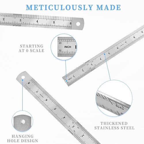 3Pcs Stainless Steel Ruler Set 6 8 12 Inch Metal Ruler with Inch and ...