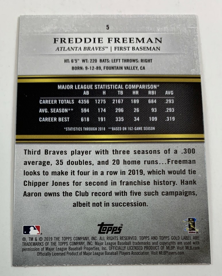 2019 Topps Gold Label #5 Freddie Freeman Class 2 Card GL1 | eBay