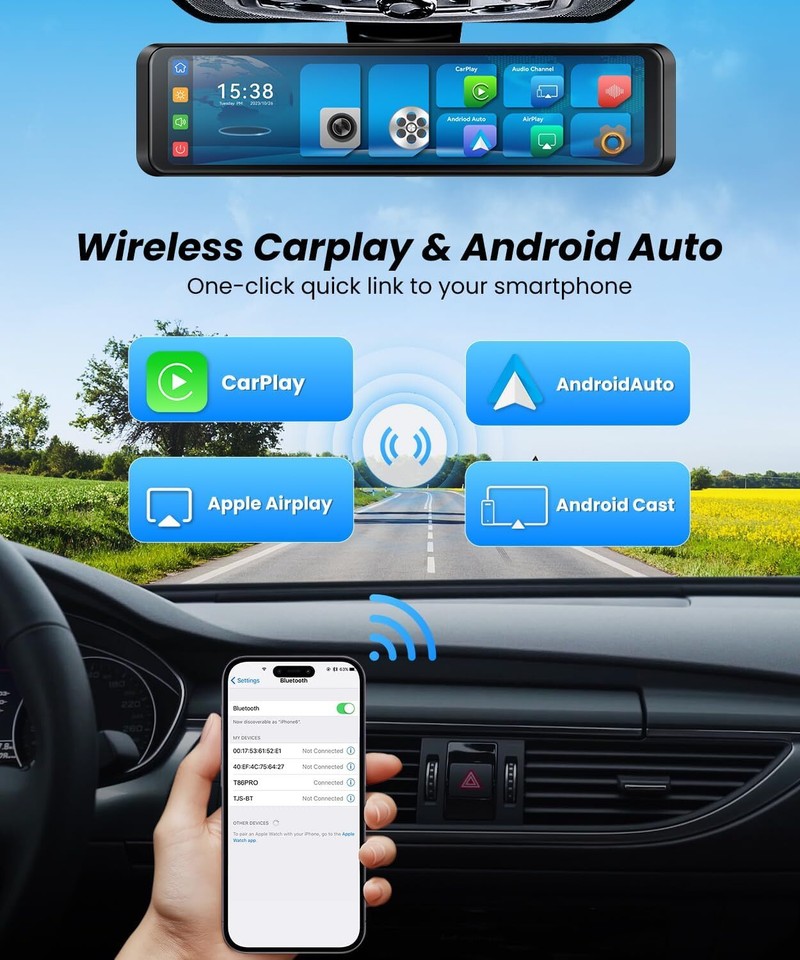 4K Front & Rear View Mirror Camera with Carplay & Android 11.26" Mirror ...