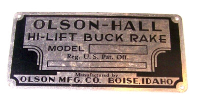 c1930 ANTIQUE OLSON-HALL HI-LIFT BUCK RAKE ADVERTISING SIGN PLAQUE ...