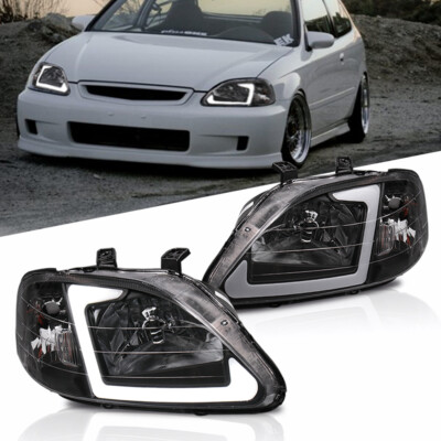 2x LED Headlights DRLStripe Black Clear For 1999-2000 Honda Civic EK EJ ...