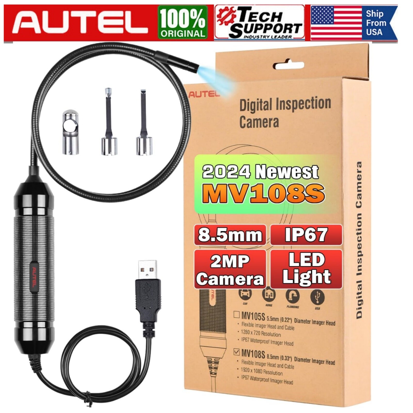 Autel MaxiVideo MV108S 1920*1080 Resolution 2MP Camera Inspection Video ...