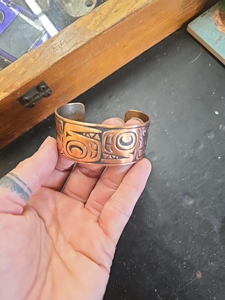 Copper CUFF BRACELET Tlingit Style Etched embossed Pacific Northwest ...