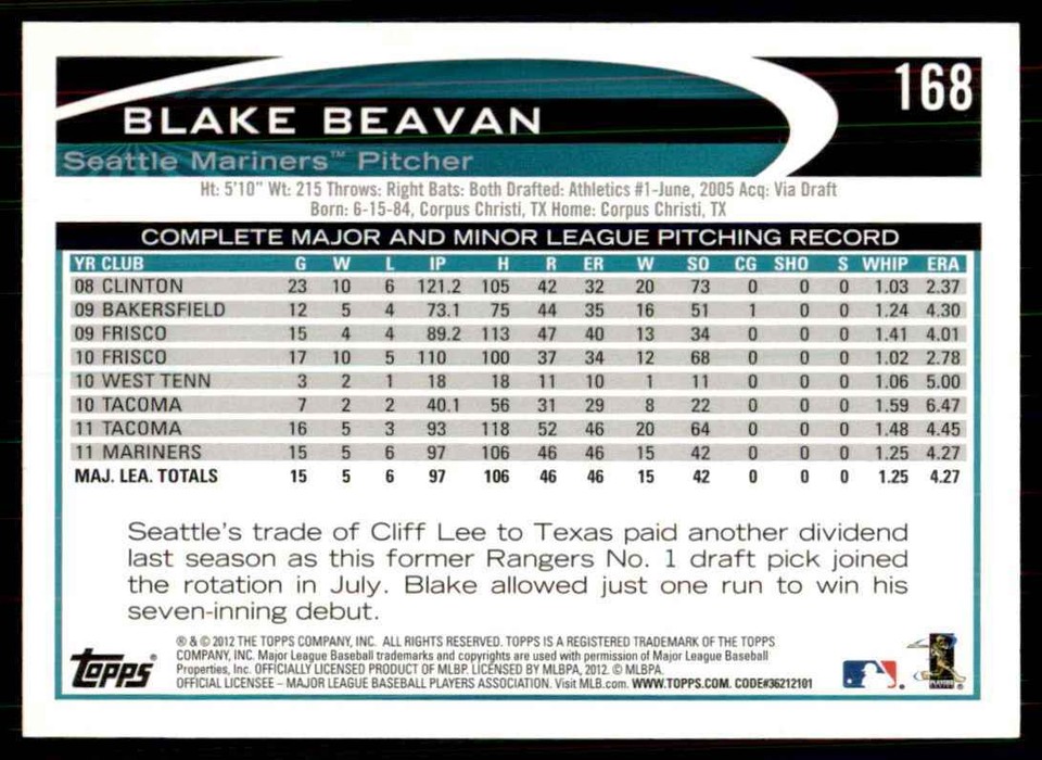 2012 Topps Blake Beavan Signed IP AUTO Seattle Mariners #168 | eBay