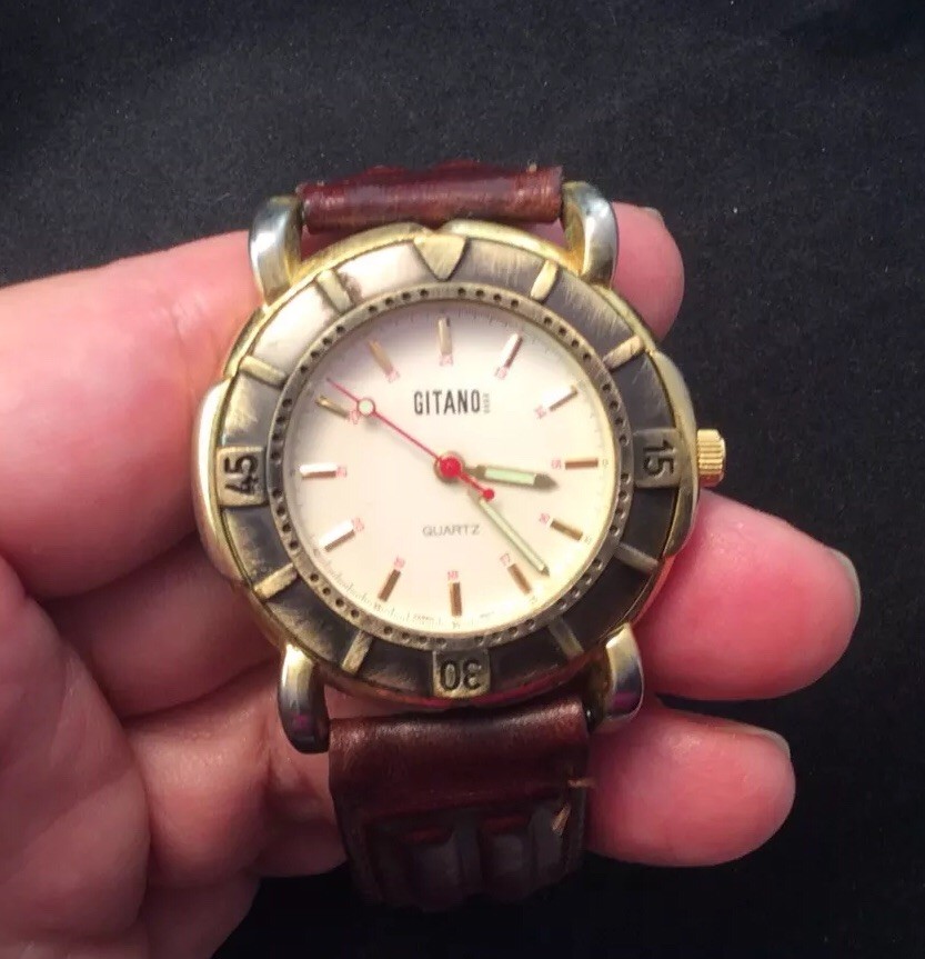 Gitano Quartz Watch Stainless Steel Gold Tone Brown Leather Band Model ...