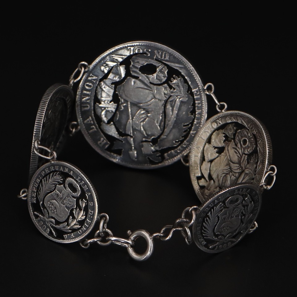 VTG Sterling Silver - PERU Coin Cut-Out Link 7" Heavy Chain Bracelet ...