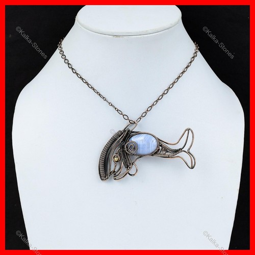 Copper Oval Natural Blue Lace Agate Wire Wrapped Fish Artisan Pendant ...
