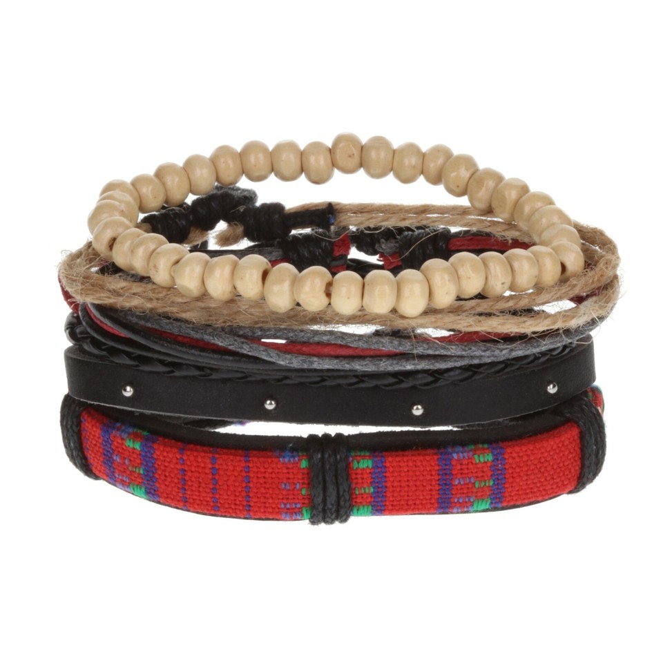 Mens Leather Bracelet Surfer Wide Multi Row Layer Stack Wristband Wrap ...
