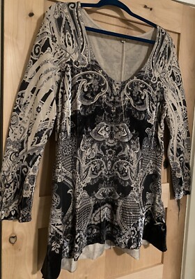 One World 1x U Scoop Neck L/S Tunic Brown/Cream Slimming EUC Velvet ...