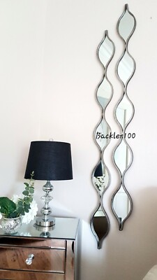 Pair of Long slim WALL MIRRORS Ripple wave style silver finish Wall Art ...