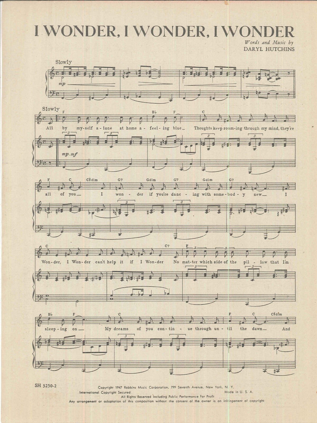 I Wonder I Wonder I Wonder Sheet Music Piano Voice Tony Pastor 1947 ...