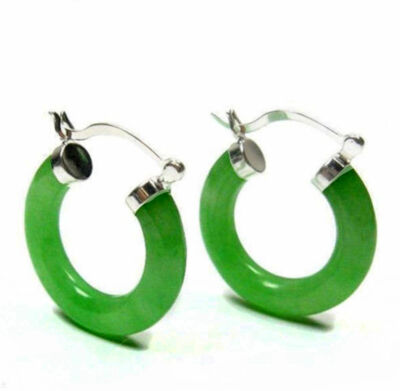 Natural Genuine Green Jade Circle Donut Silver Snap Closure Hoop Dangle ...