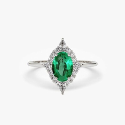 Simulated Oval Emerald CZ & Round CZ Halo Wedding Ring In Solid 10K ...