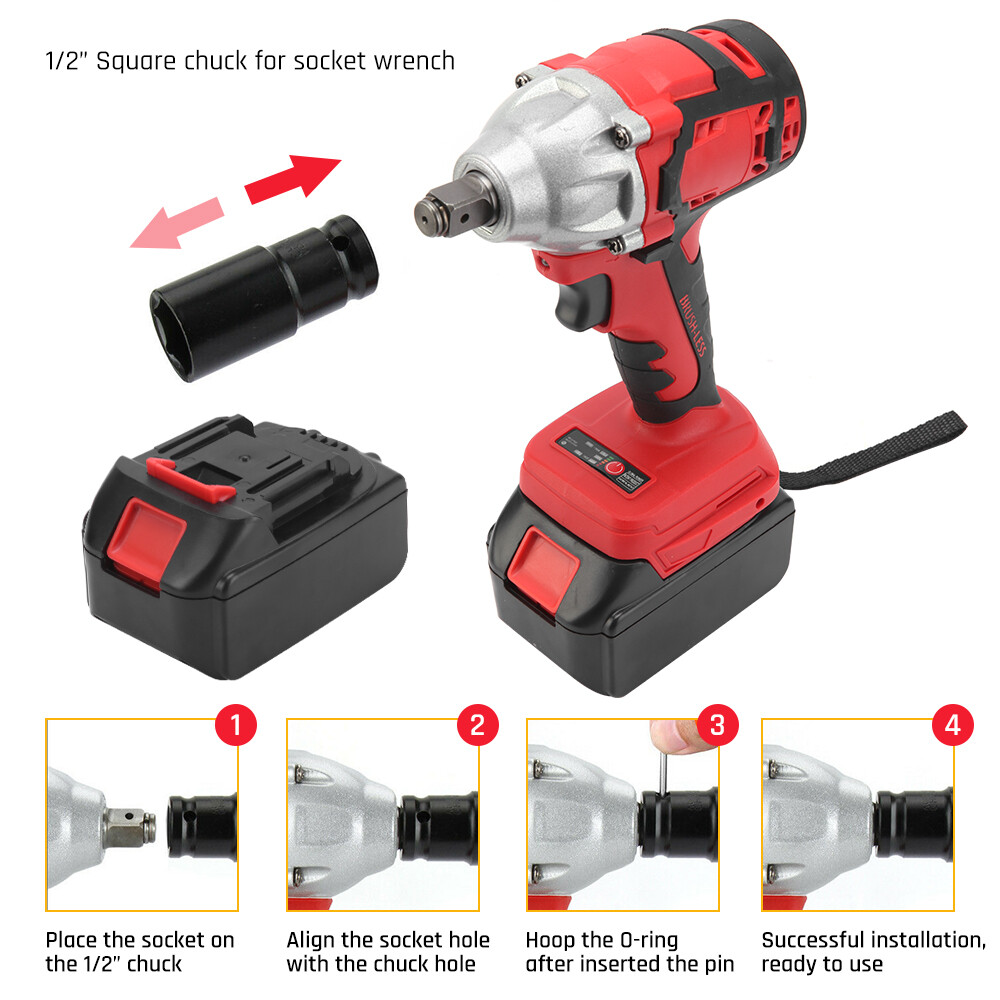 Impact Wrench Driver Cordless Brushless 1/2" Drive Rattle Gun 2 Battery ...